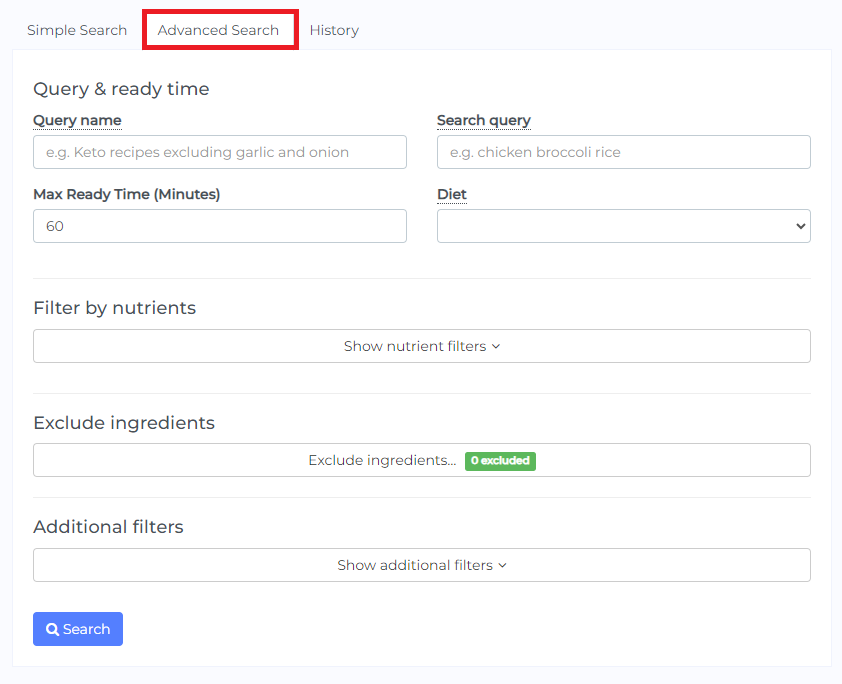 How to use the recipe database search feature